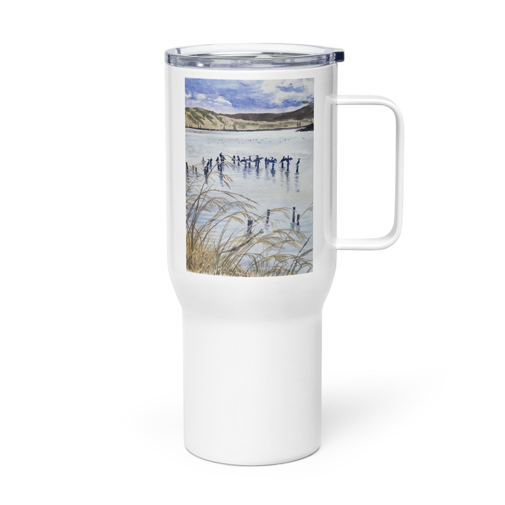 Shoreline Wetland with Cormorants travel mug with a handle – HKCC Mall